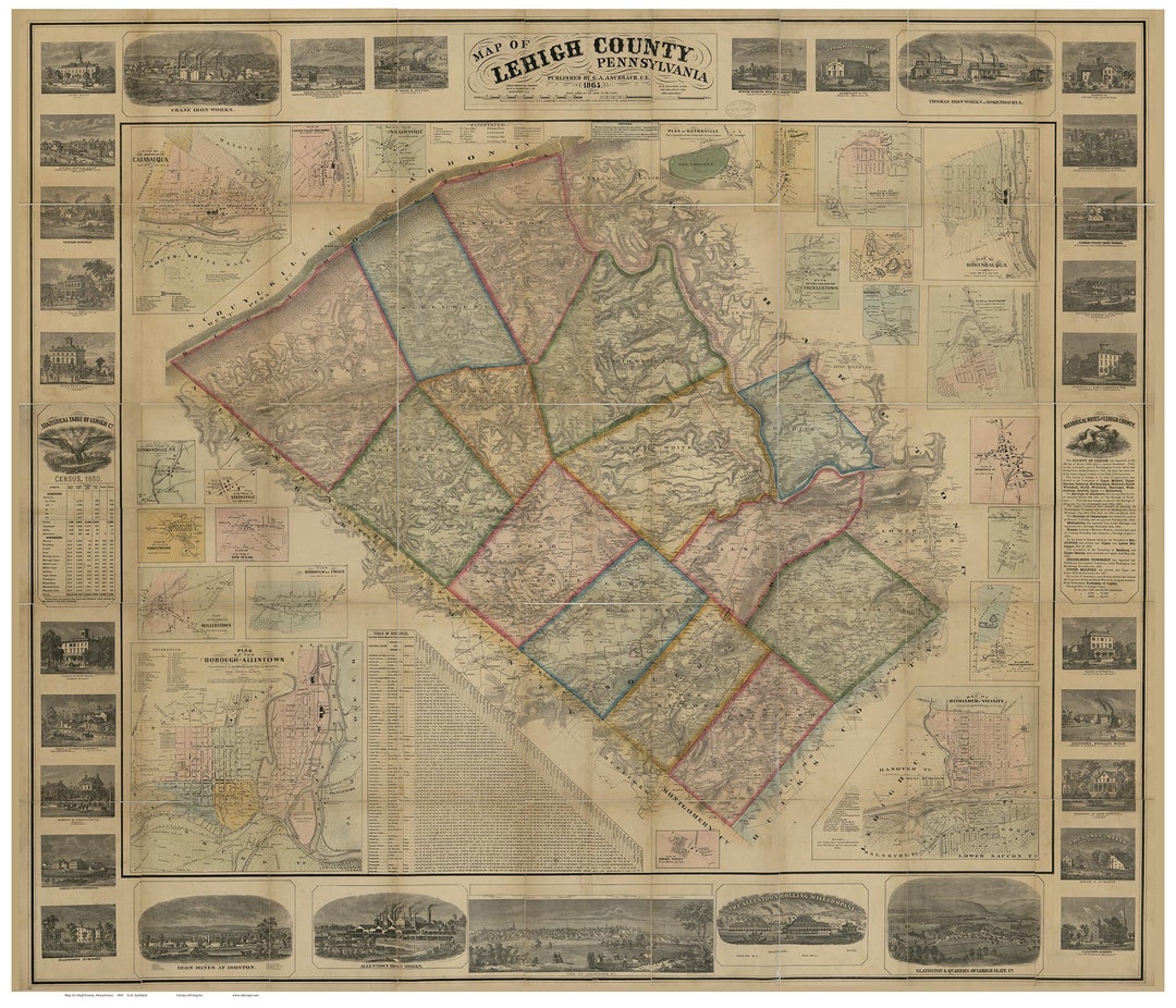 Lehigh County Pennsylvania 1865 - Wall Map With Homeowner Names ...