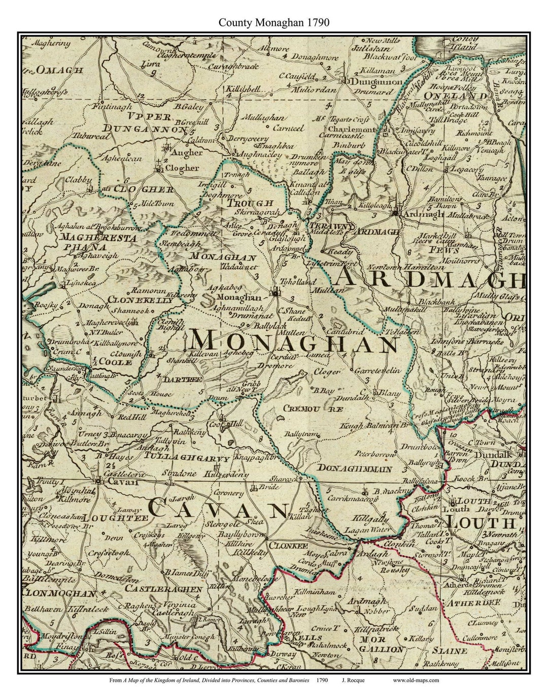 County Monaghan - Ireland - From 1790 Roque Map - Clan Names - Old Map ...