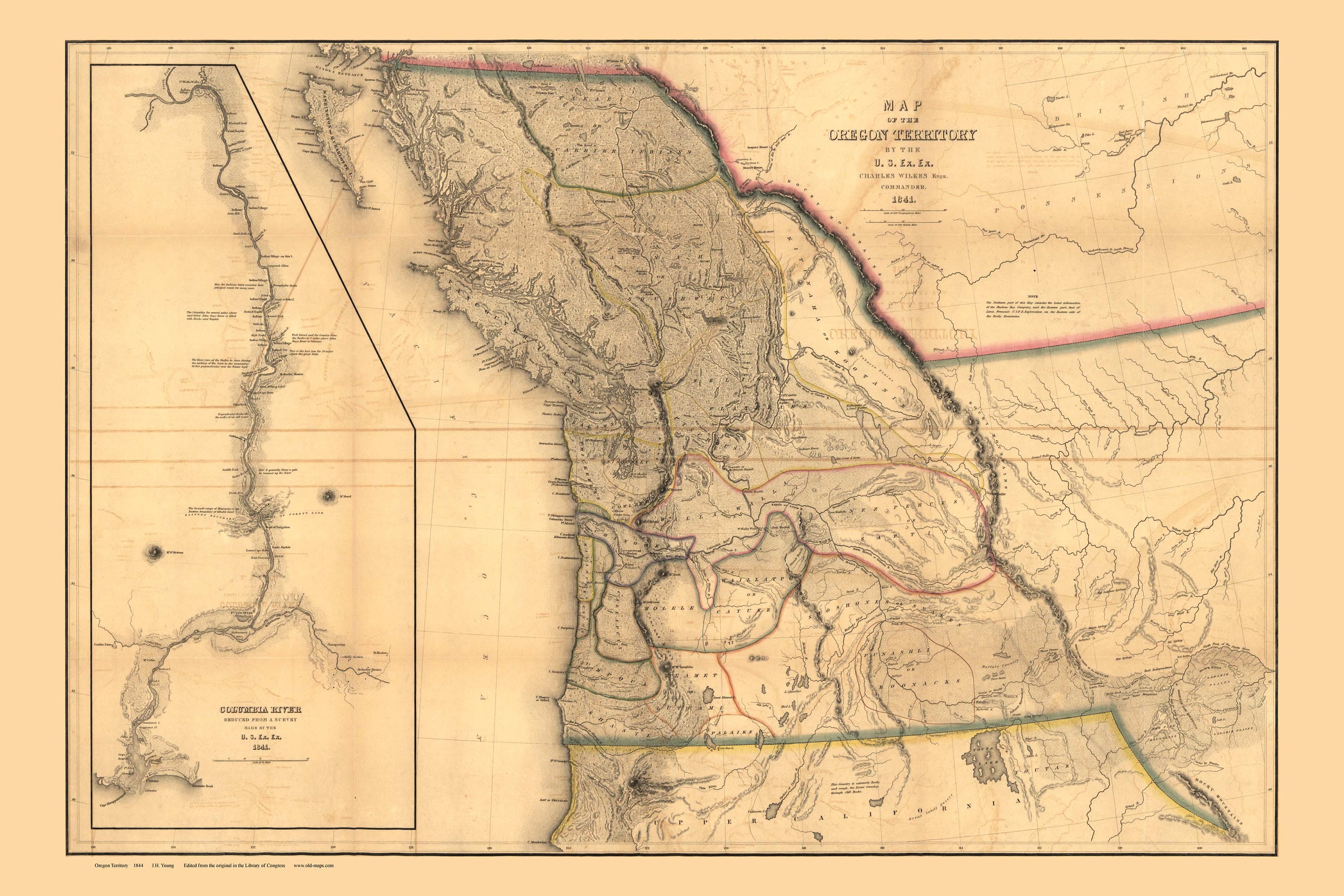 Oregon Territory 1844 Indian Tribes Columbia River Inset State Map Old ...