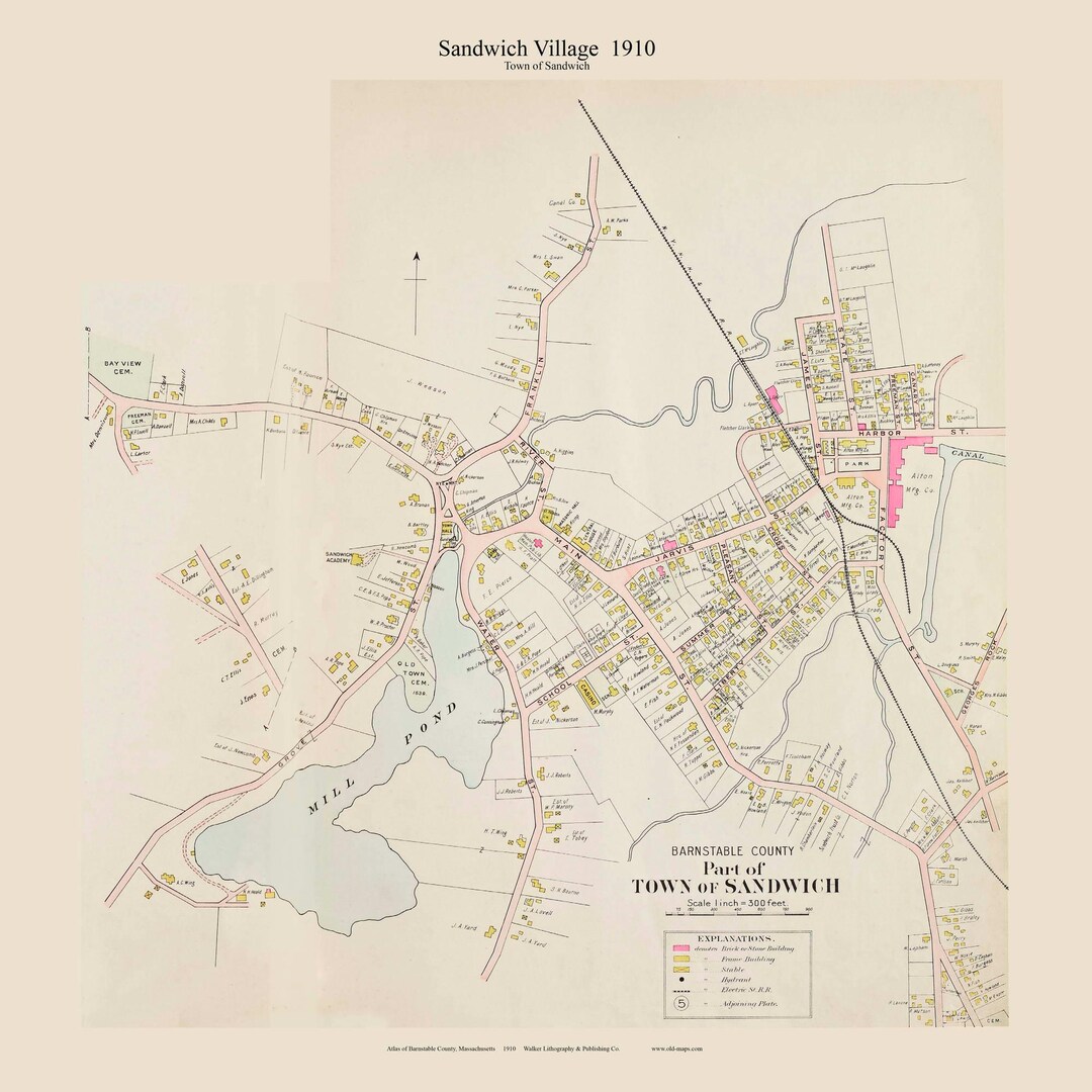 Sandwich Village, Town of Sandwich 1910 - Old Street Map Custom Reprint ...