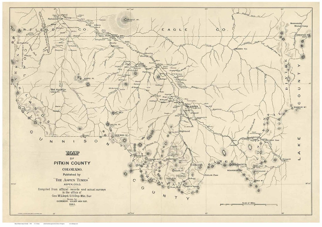 Pitkin County Colorado 1884 - Old Wall Map Reprint With Homeowner Names ...