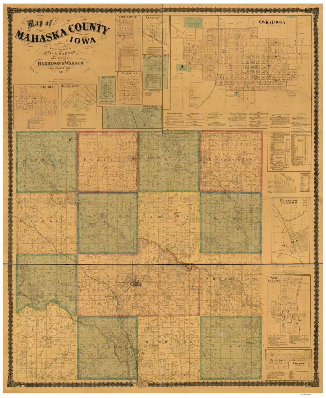 Mahaska County Iowa 1871 Old Wall Map With Landowner Names Farm Lines ...