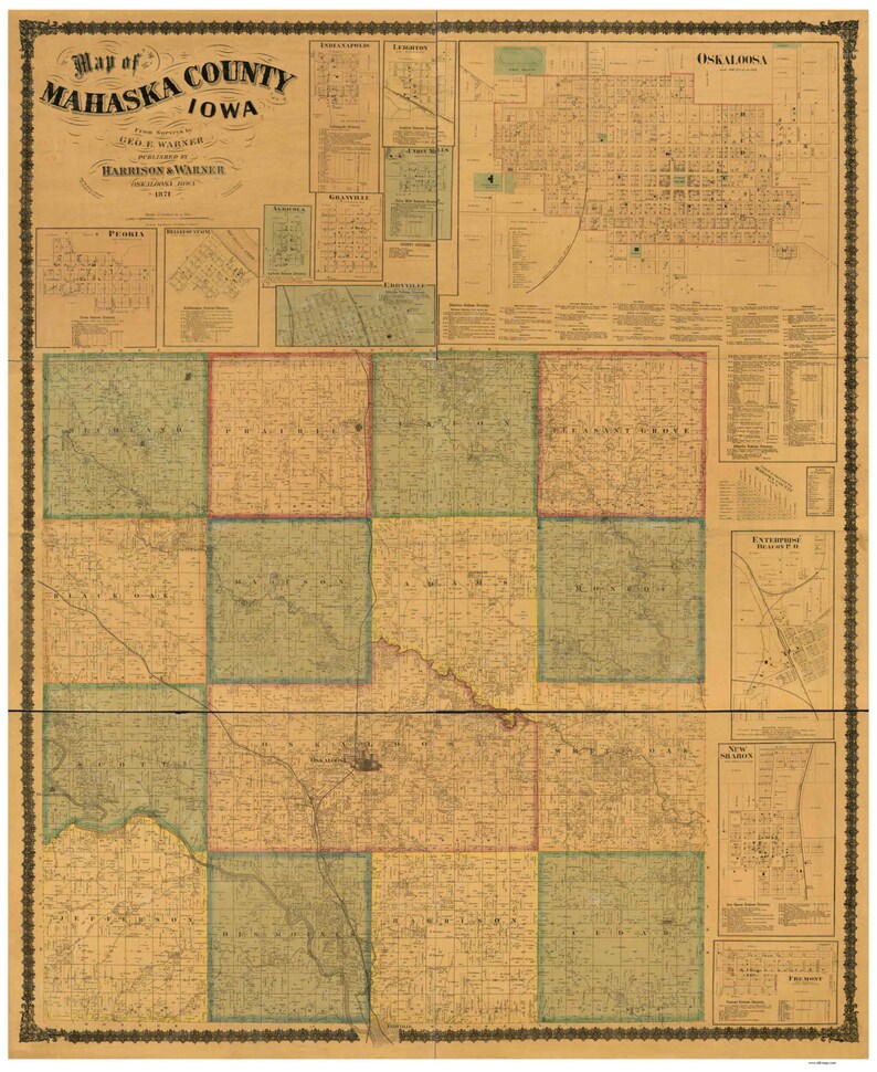 Mahaska County Iowa 1871 Old Wall Map With Landowner Names Farm Lines ...