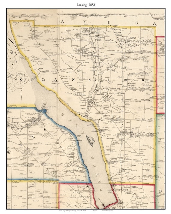 Lansing 1853 Old Town Map With Homeowner Names New York Cayuga | Etsy