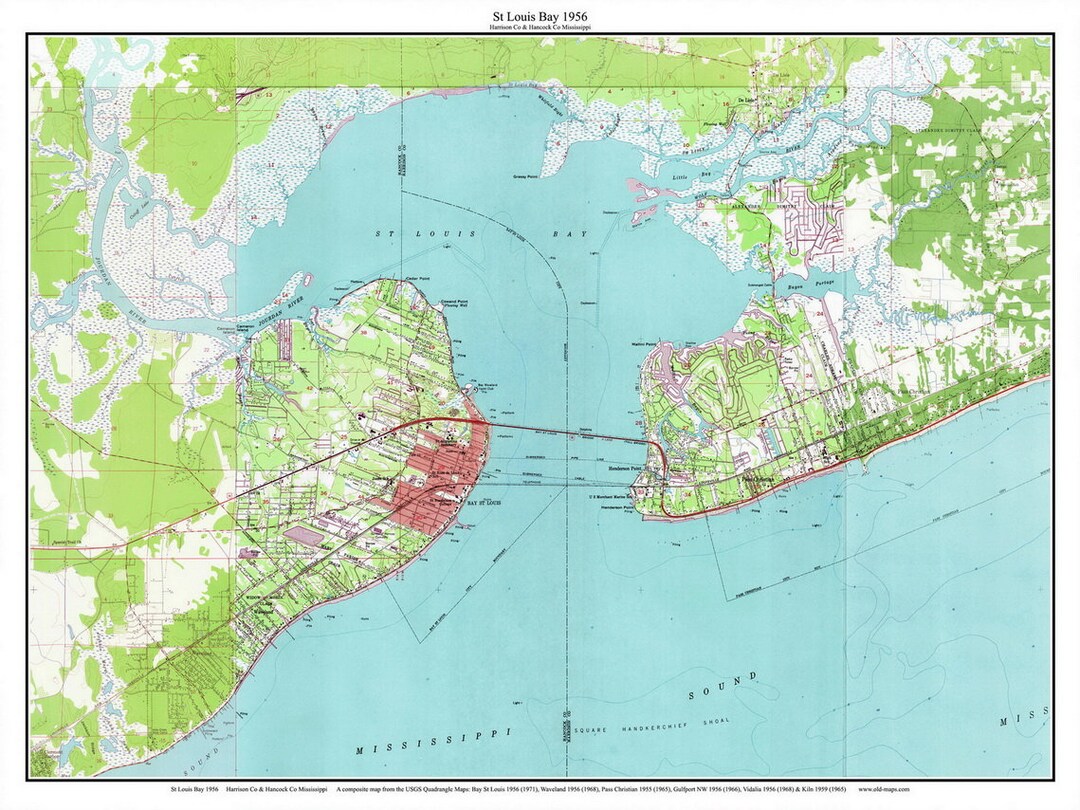 St Louis Bay - 1956 Old Topographic Map Pass Christian Waveland ...