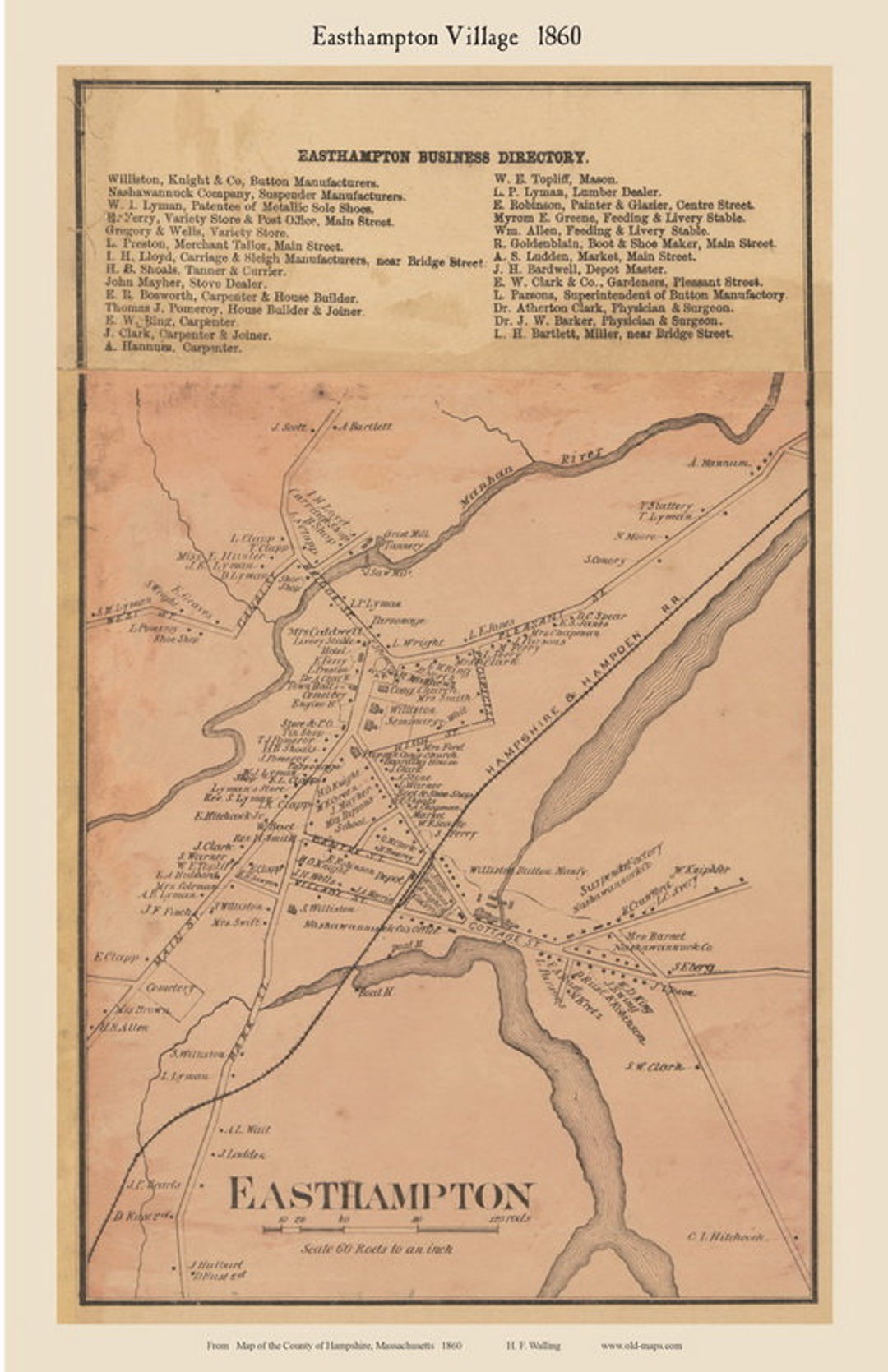 Easthampton Village 1860 Old Town Map With Homeowner Names ...