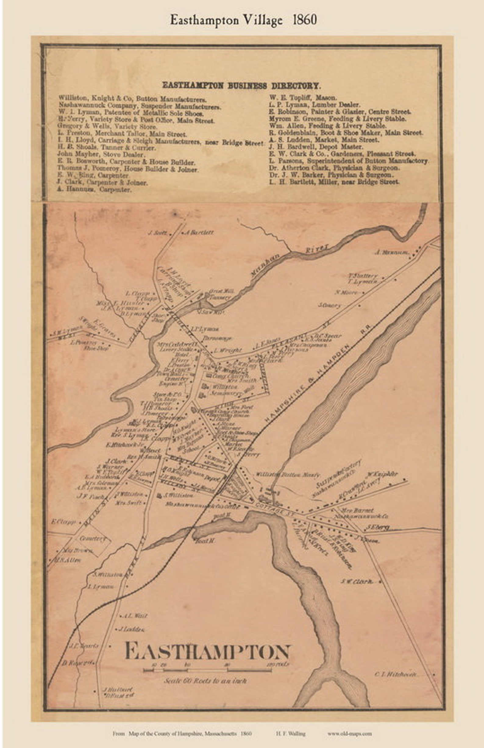 Easthampton Village 1860 Old Town Map With Homeowner Names ...