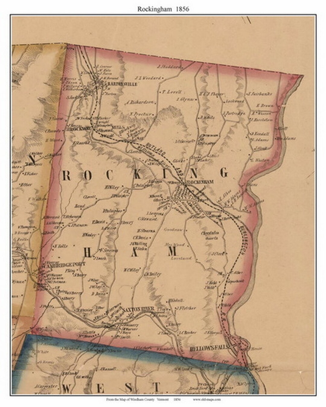 Rockingham 1856 Old Town Map With Homeowner Names Vermont - Reprint ...