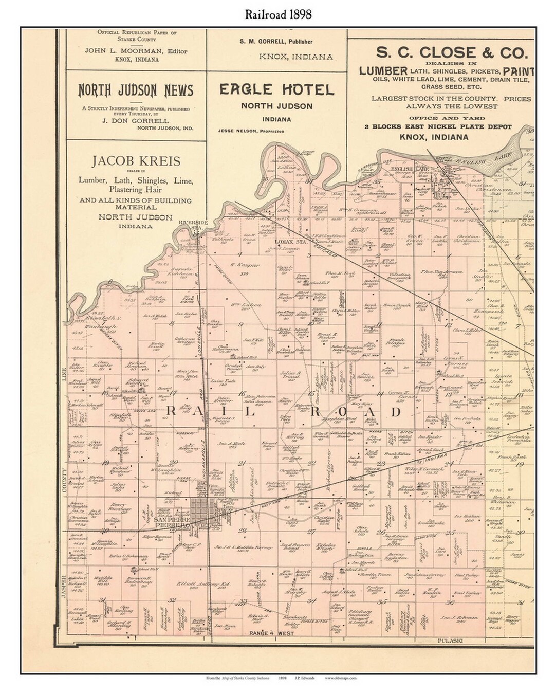 Railroad 1898 Old Town Map With Homeowner Names Indiana San Pierre ...