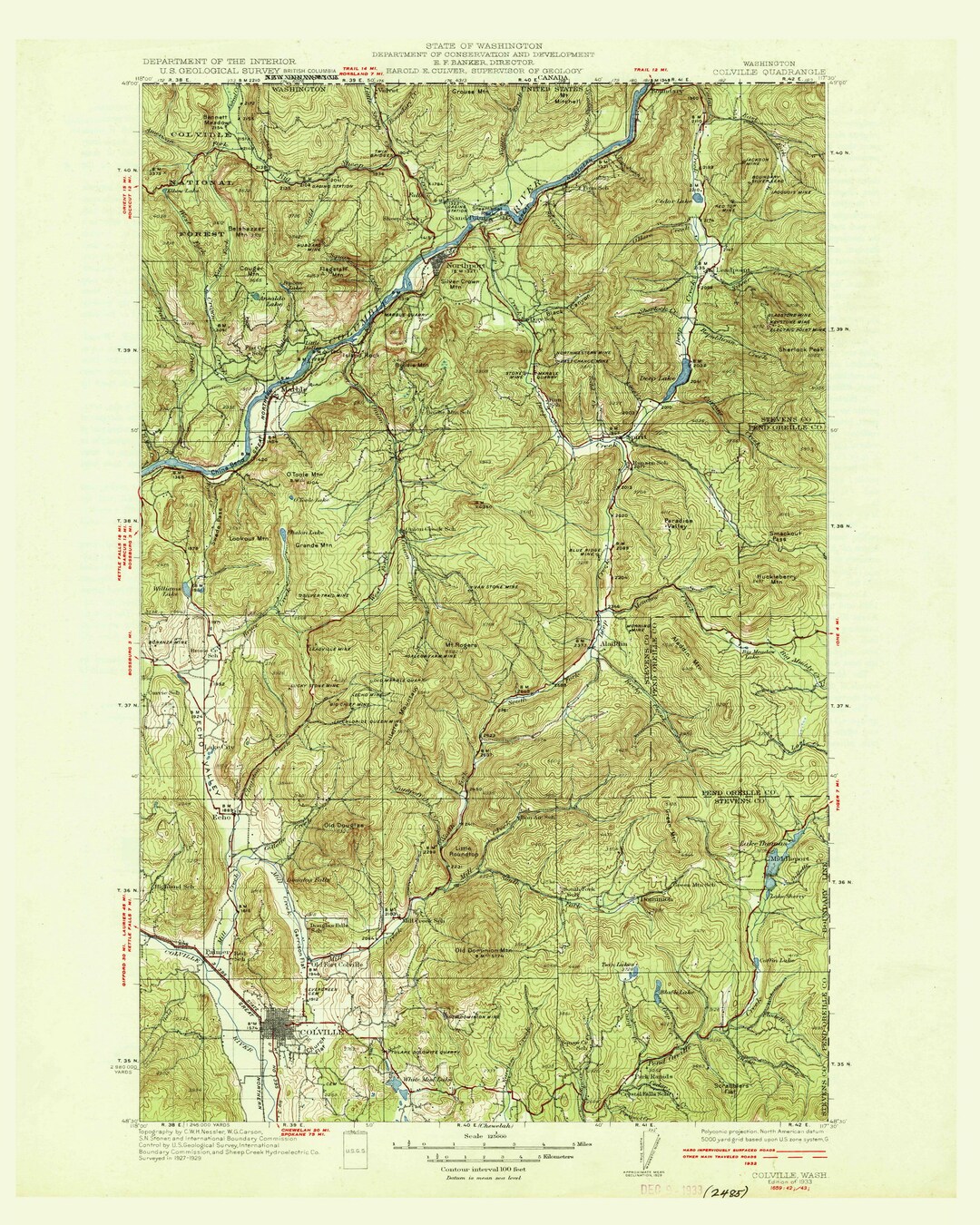 Colville 1933 Old Topo Map - Quad Reprint - Echo Valley Columbia River ...