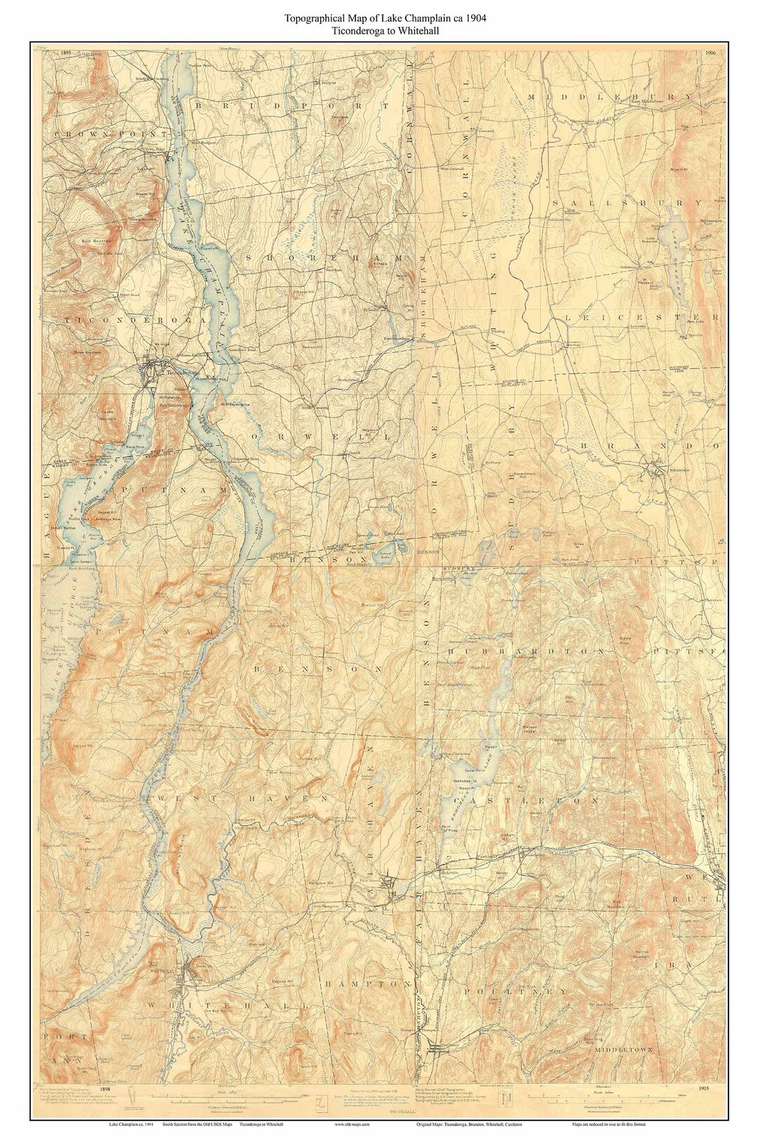 Lake Champlain South 1904 Old Topographic Map USGS - Custom Composite ...
