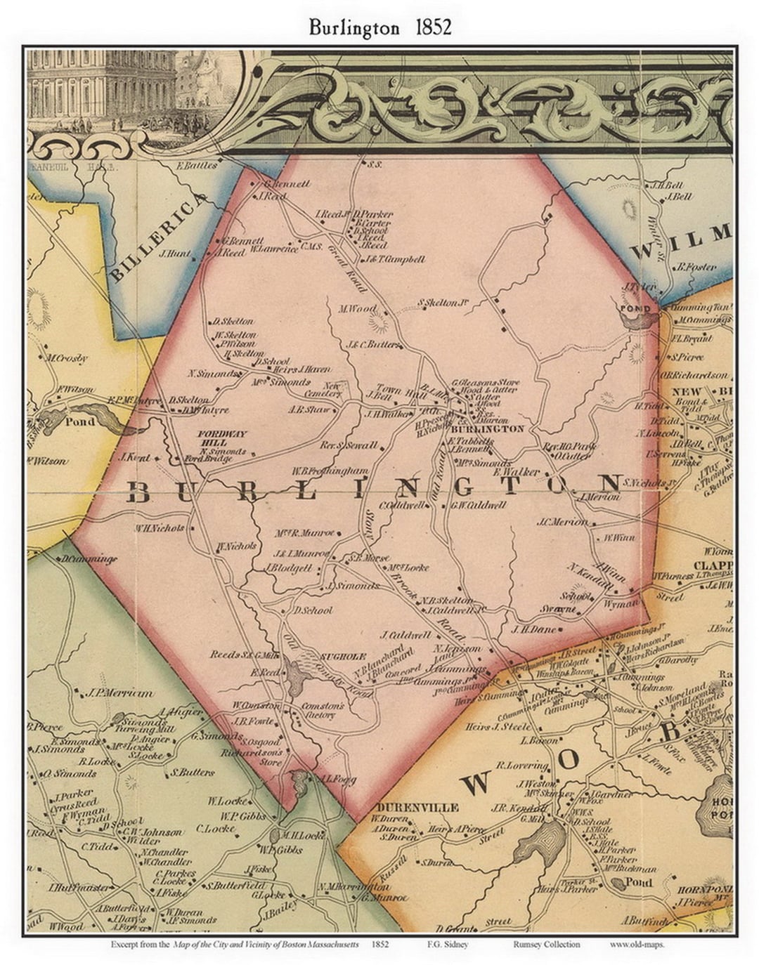 Burlington 1852 Old Town Map With Homeowner Names Massachusetts ...