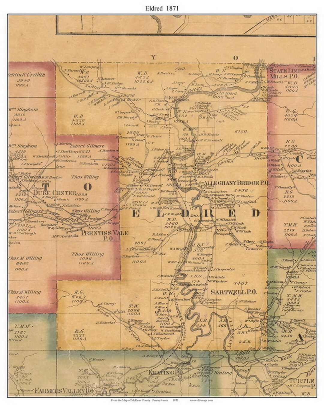 Eldred 1871 Old Town Map With Homeowner Names - Pennsylvania - Reprint ...