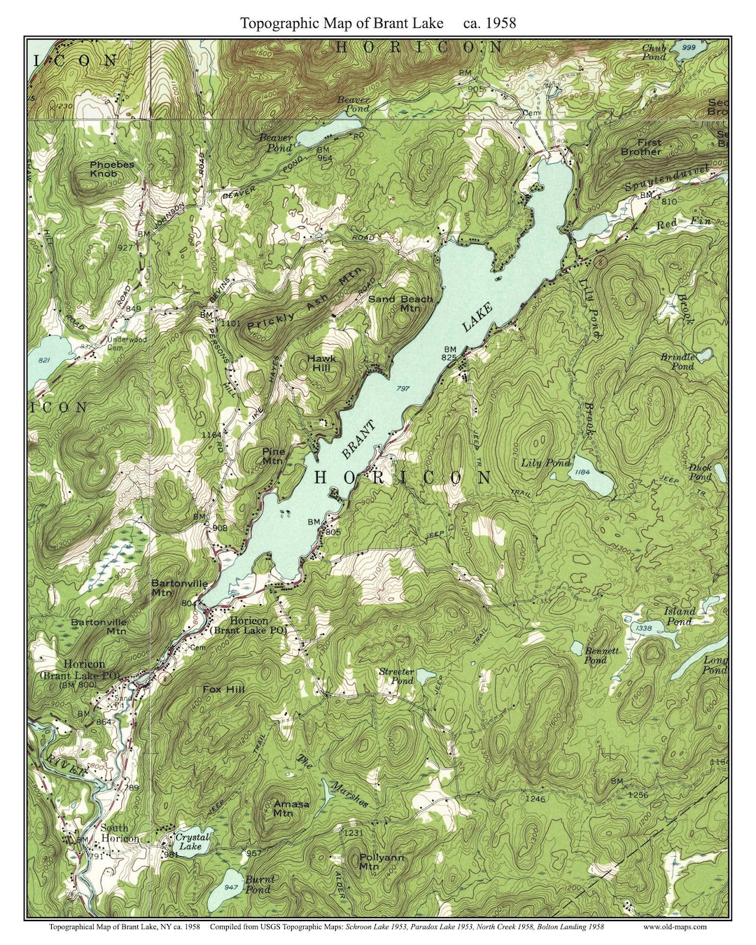 Brant Lake - 1958 USGS Old Topographic Map Custom Composite Reprint New ...