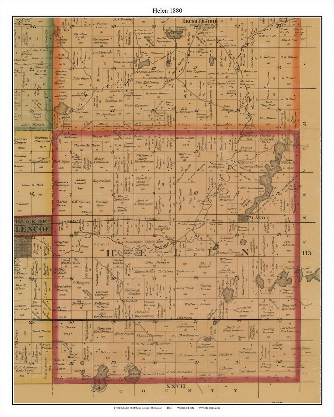 Helen 1880 - Old Town Map With Homeowner Names Minnesota - Plato ...