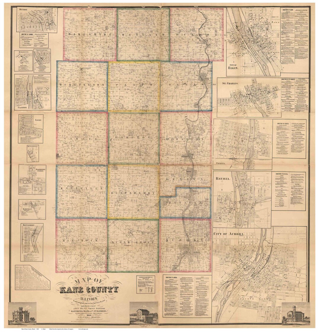 Kane County Illinois 1860 - Old Wall Map Reprint With Homeowner Names ...