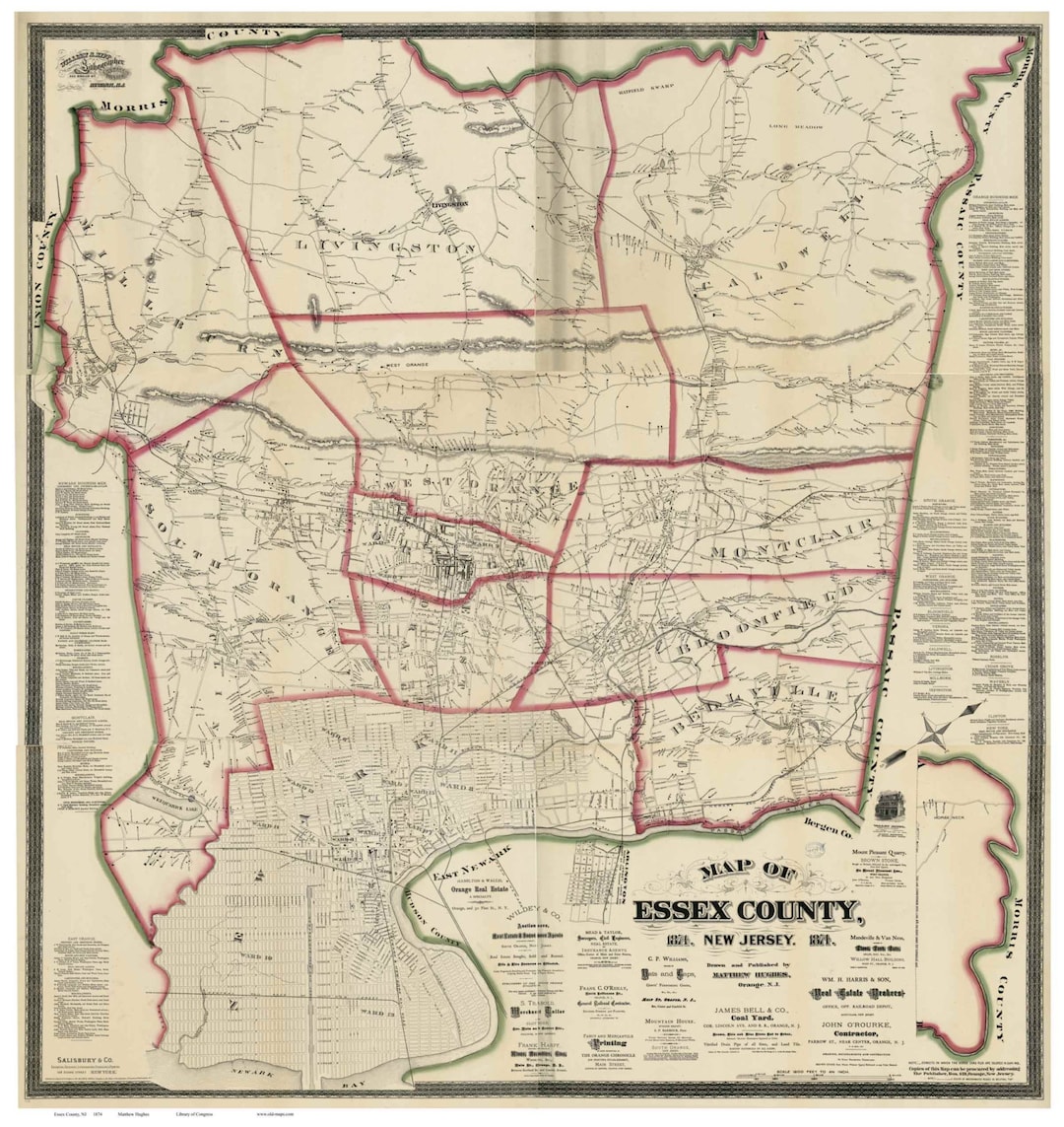 Essex County New Jersey 1874 Map - Old Wall Map Reprint With Homeowner ...