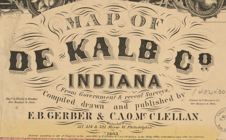 Dekalb County Indiana 1863 - Old Wall Map Reprint With Homeowner Names ...