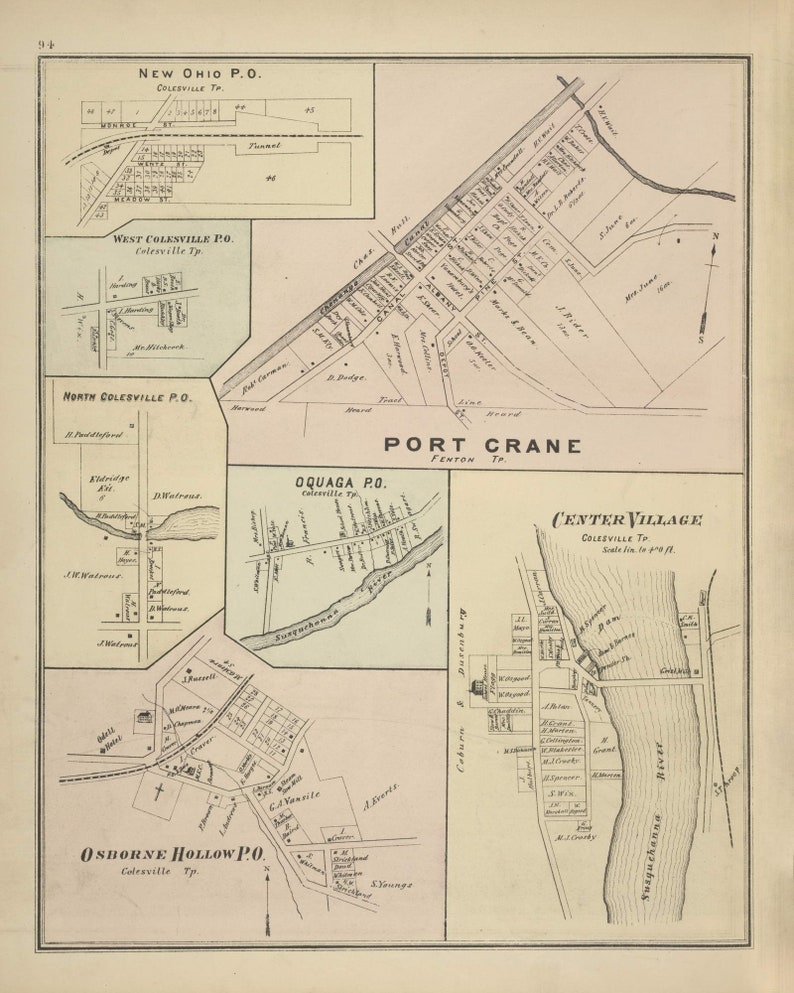 Port Crane fenton Tp 1876 Old Town Map Reprint, Colesville Villages ...