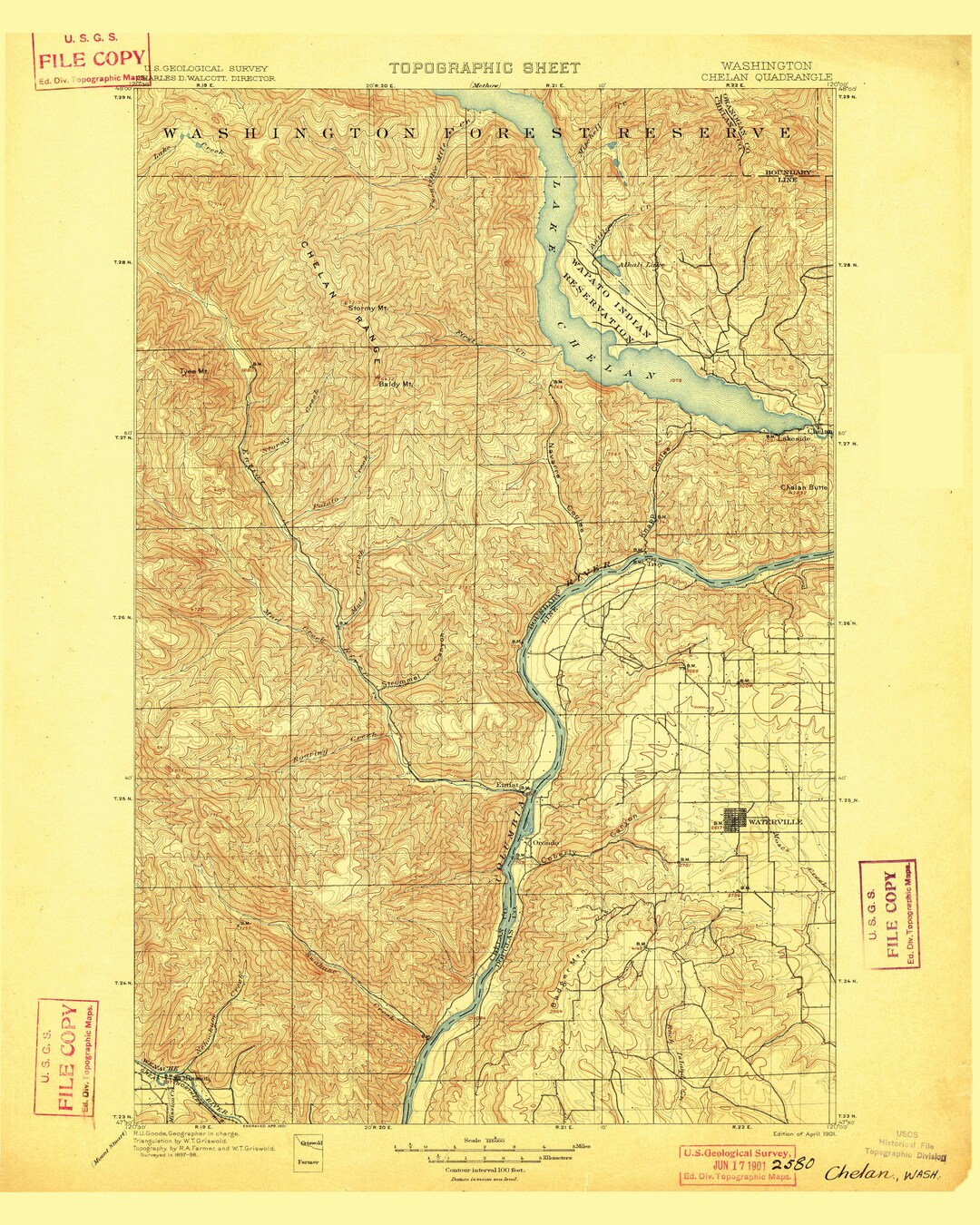 Chelan 1901 Old Topo Map Quad Reprint Columbia River 30x30 USGS ...