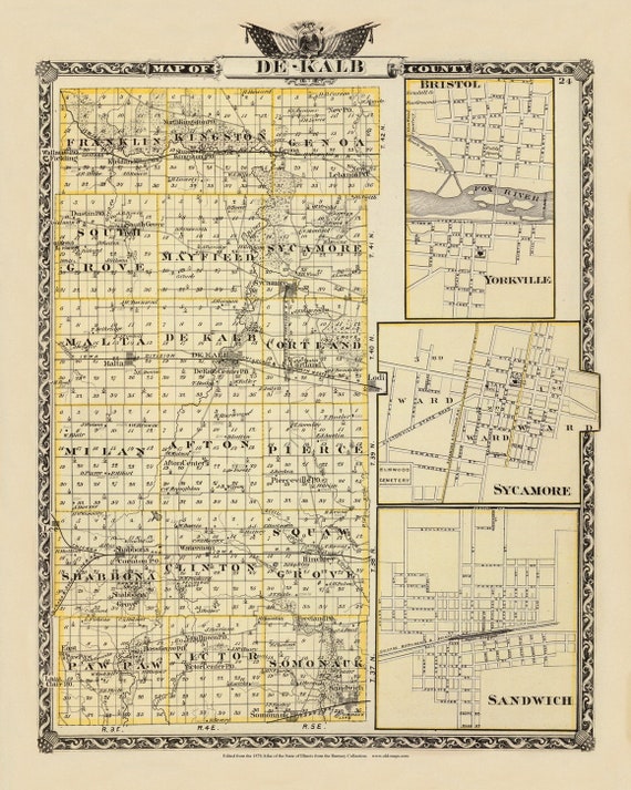 Dekalb County Illinois 1876 Map Bristol Yorkville Sycamore | Etsy