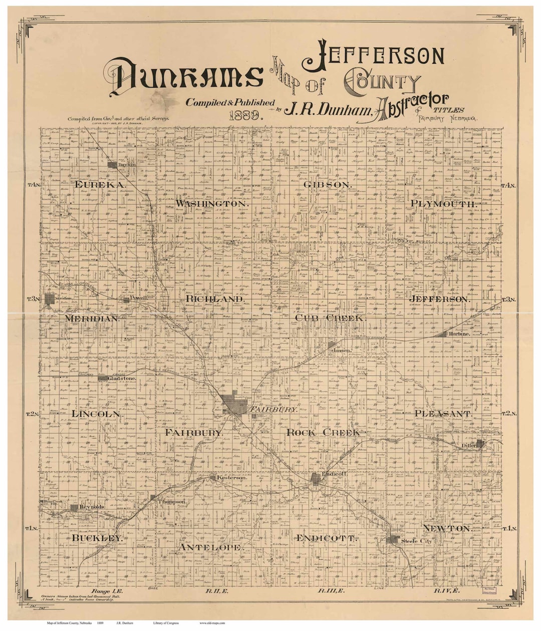 Jefferson County Nebraska 1889 - Old Wall Map Reprint With Landowner ...