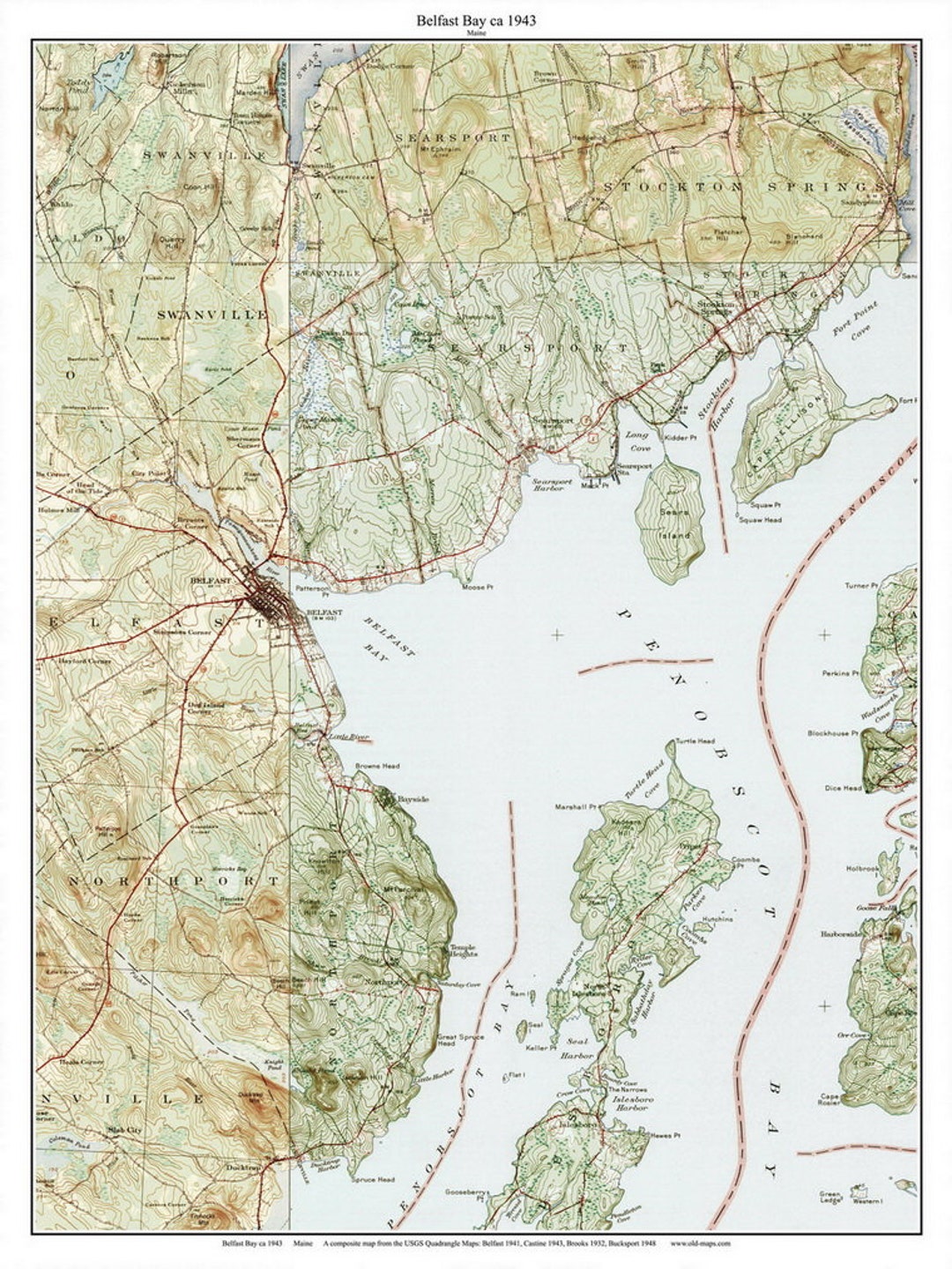 Belfast Bay 1943 Old Topographic Map USGS Custom Composite Reprint ...