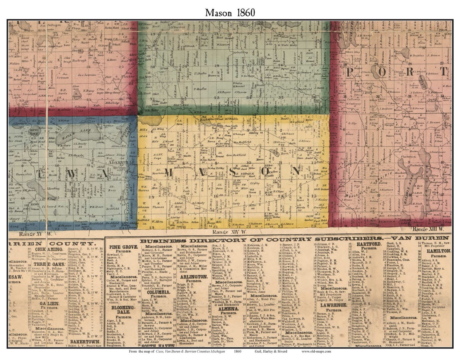 Mason 1860 Old Town Map With Homeowner Names Michigan - Reprint ...