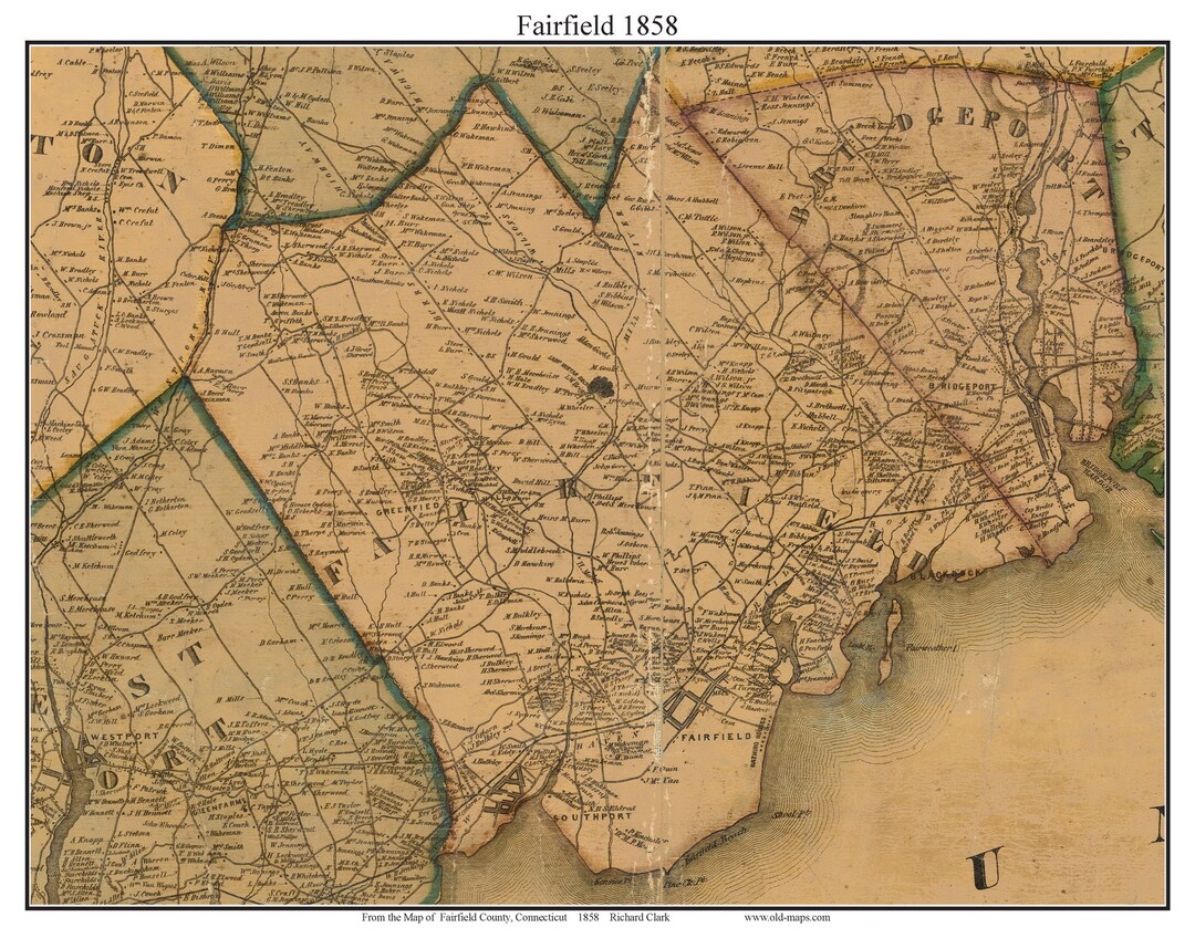 Fairfield Connecticut 1858 Old Town Map With Homeowner Names - Reprint ... Fairfield Connecticut 1858 Old Town Map With Homeowner Names - Reprint ...