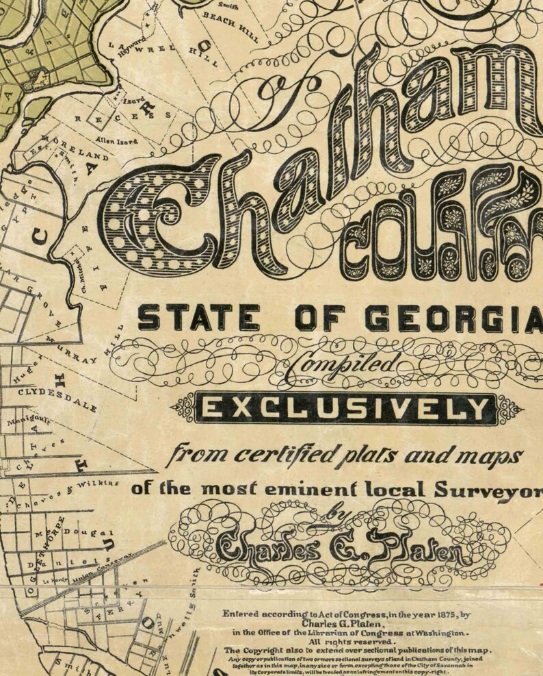 Chatham County Old 1875 Map Georgia - Wall Map With Homeowner Names ...