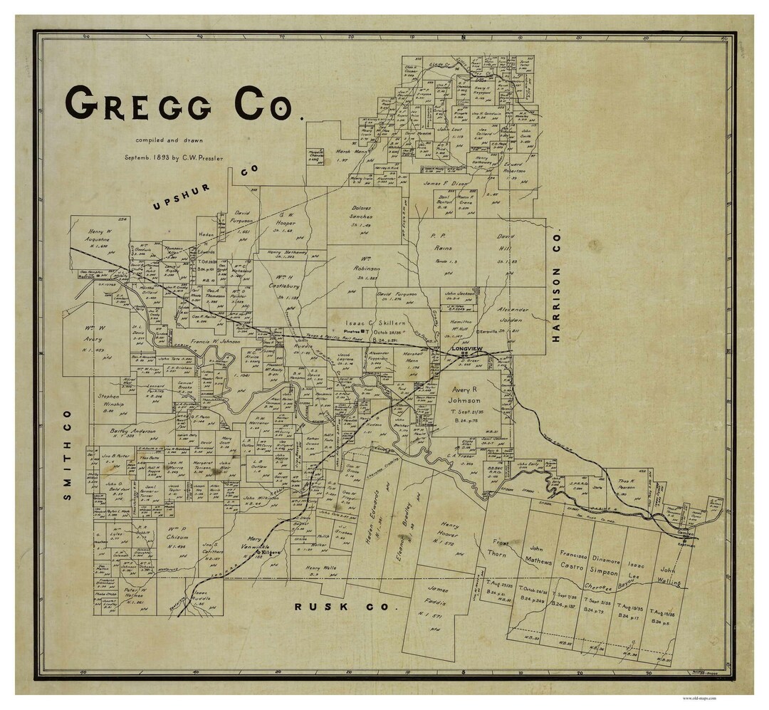Gregg County, Texas 1893 Old Wall Map Reprint With Land Owners Names ...