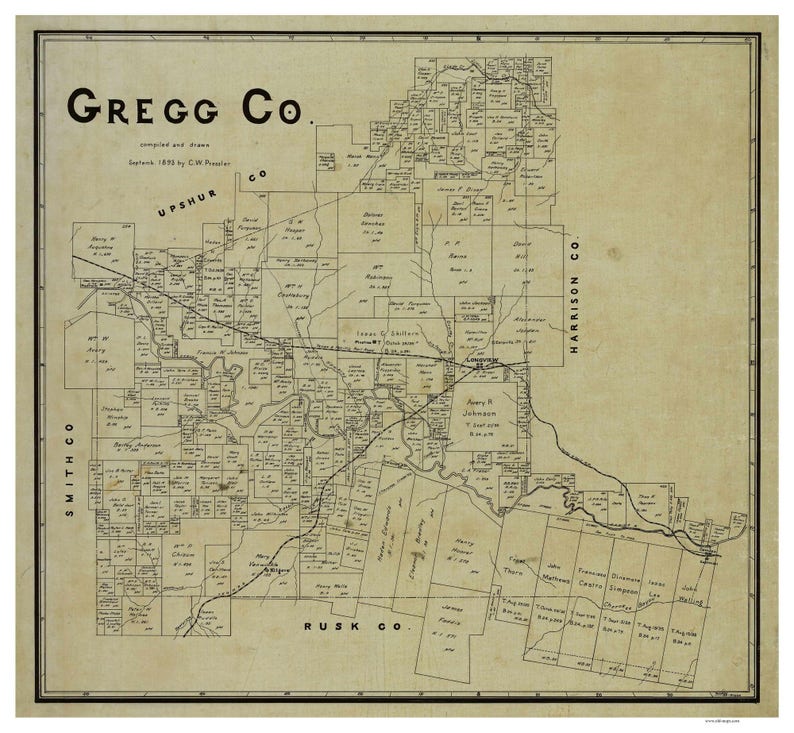 Gregg County, Texas 1893 Old Wall Map Reprint With Land Owners Names ...