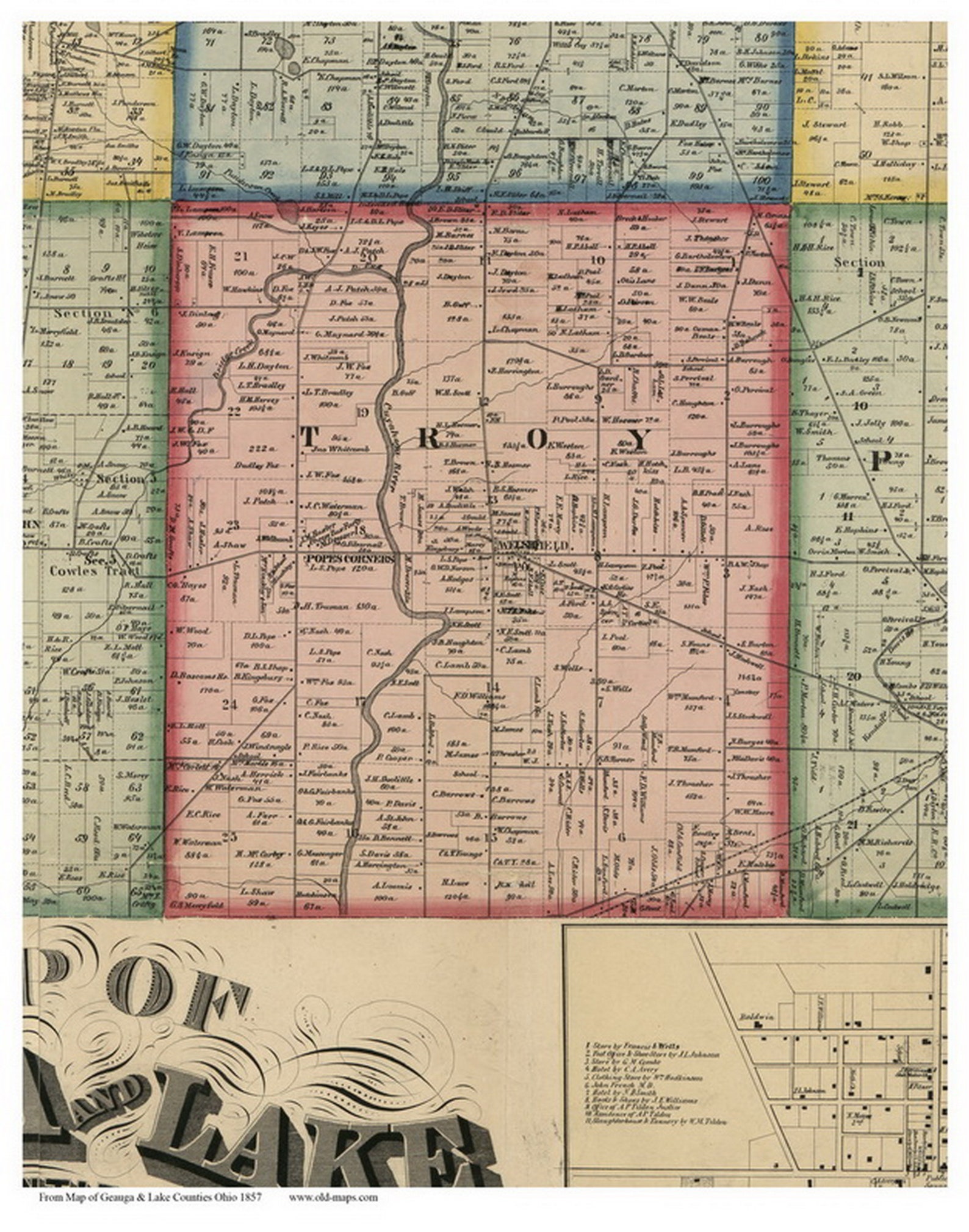 Troy 1857 Old Town Map With Homeowner Names Ohio Reprint Genealogy ...