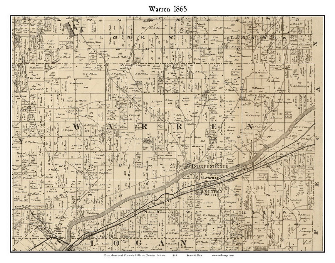 Warren 1865 Old Town Map With Homeowner Names Indiana Independence ...