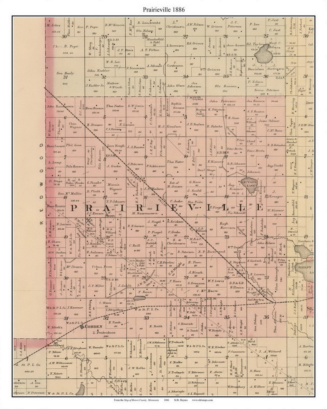 Prairieville 1886 Old Town Map With Homeowner Names Minnesota Cobden ...