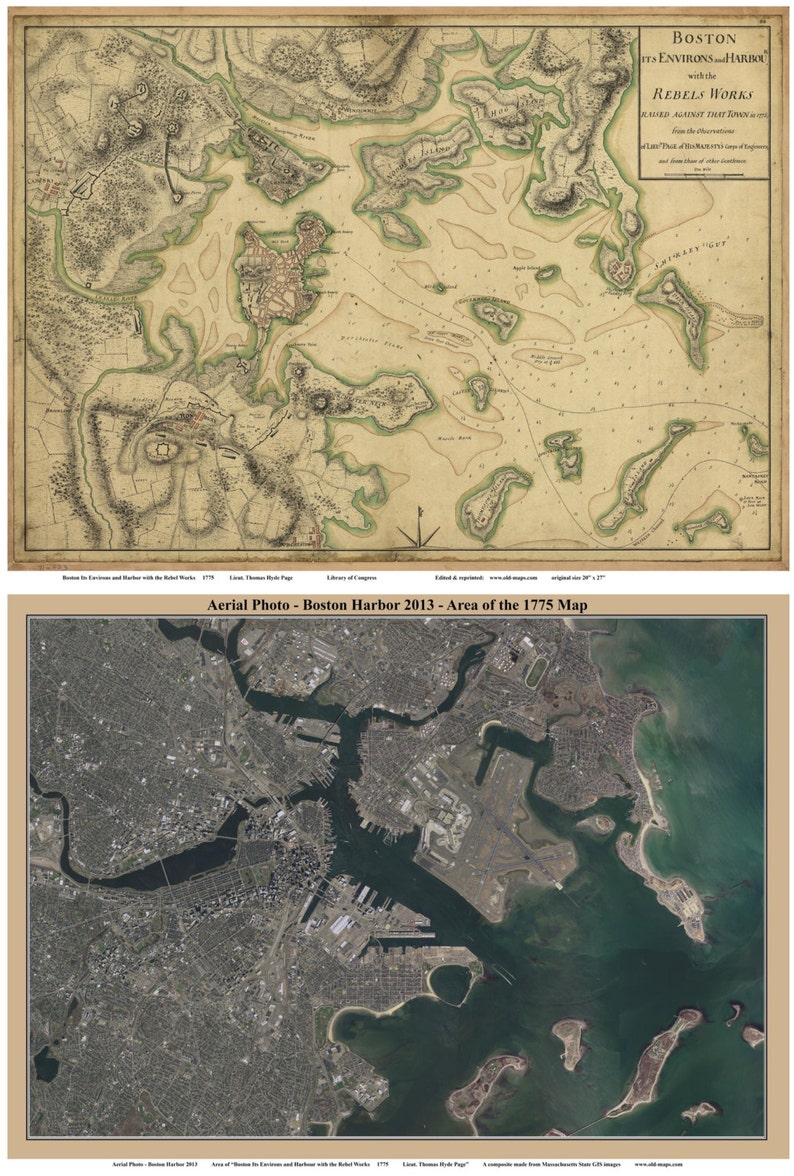 Boston Maps Then & Now 1775 Rebel Works 2013 Air Photo 2 - Etsy