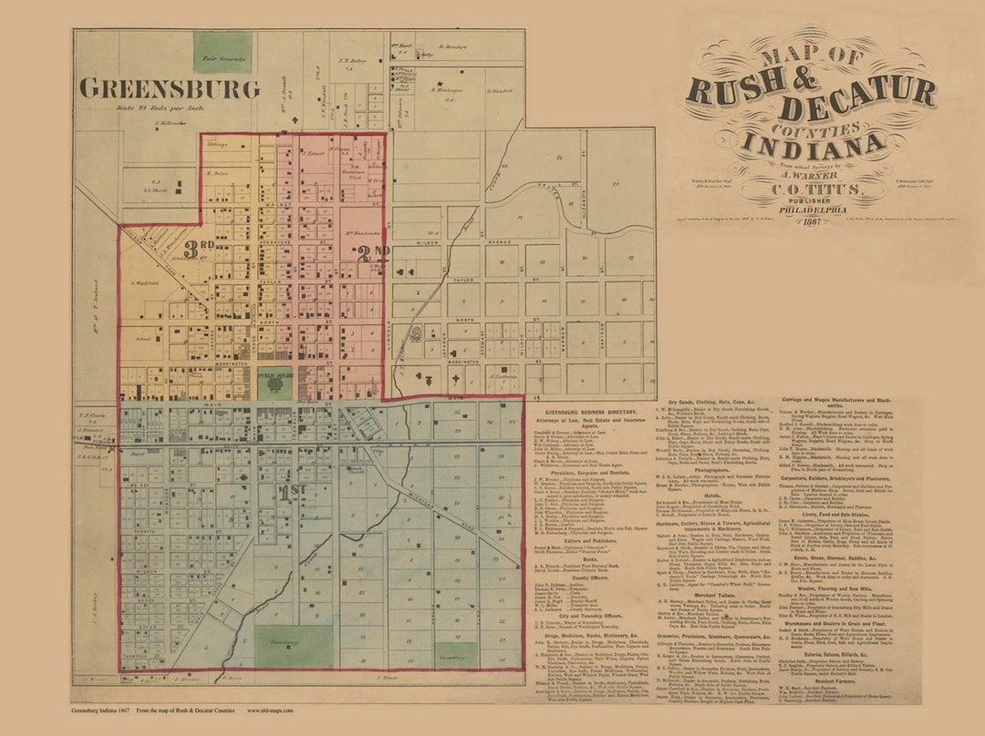 Greensburg Village 1867 Old Town Map With Homeowner Names Indiana ...