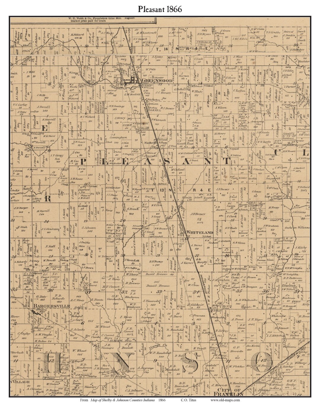 Pleasant 1866 Old Town Map With Homeowner Names Indiana - Whiteland ...