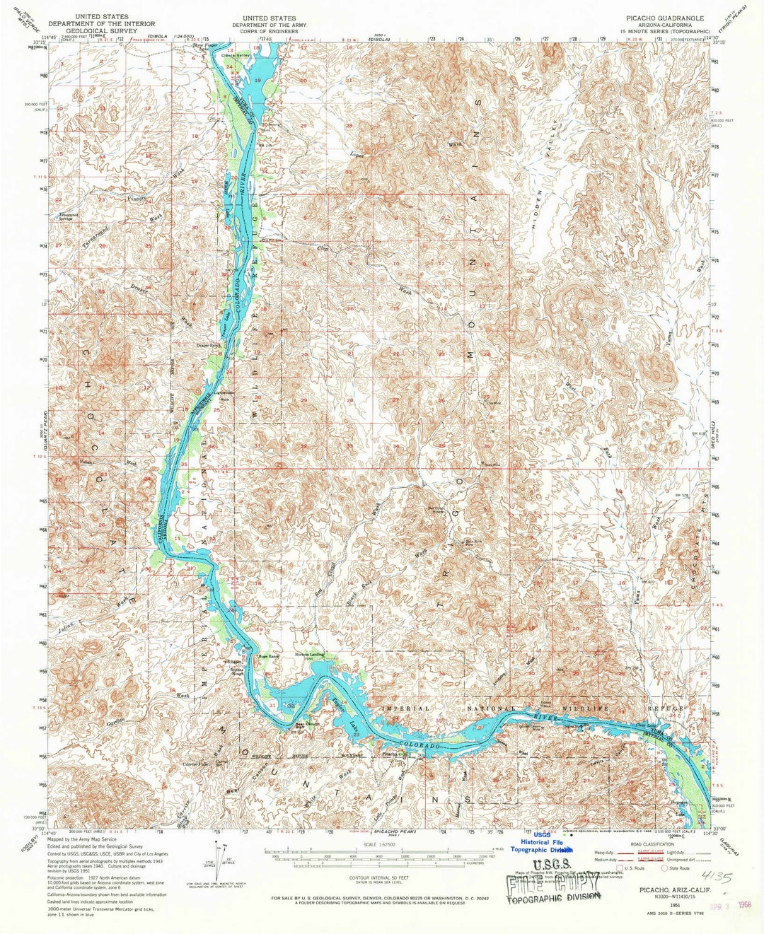 Picacho 1951 1968 Old Topo Map Taylor Lake Colorado River Quad Reprint ...