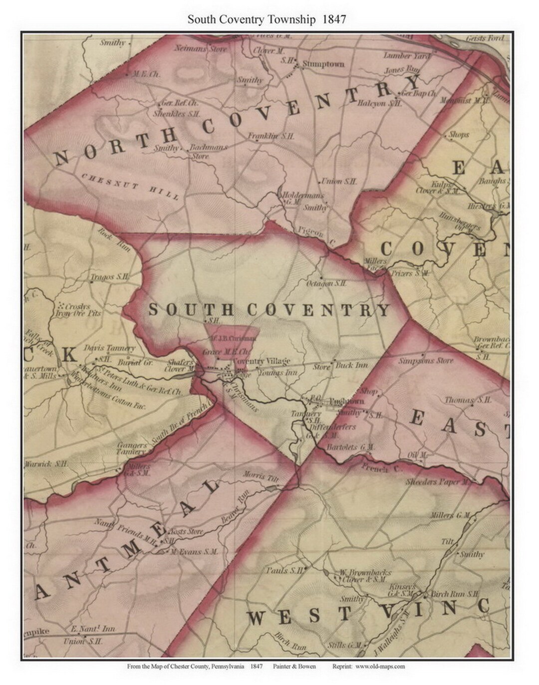 South Coventry 1847 Old Town Map With Homeowner Names Pennsylvania East ...