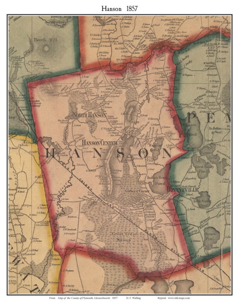 Hanson 1857 Old Town Map With Homeowner Names Massachusetts - Etsy