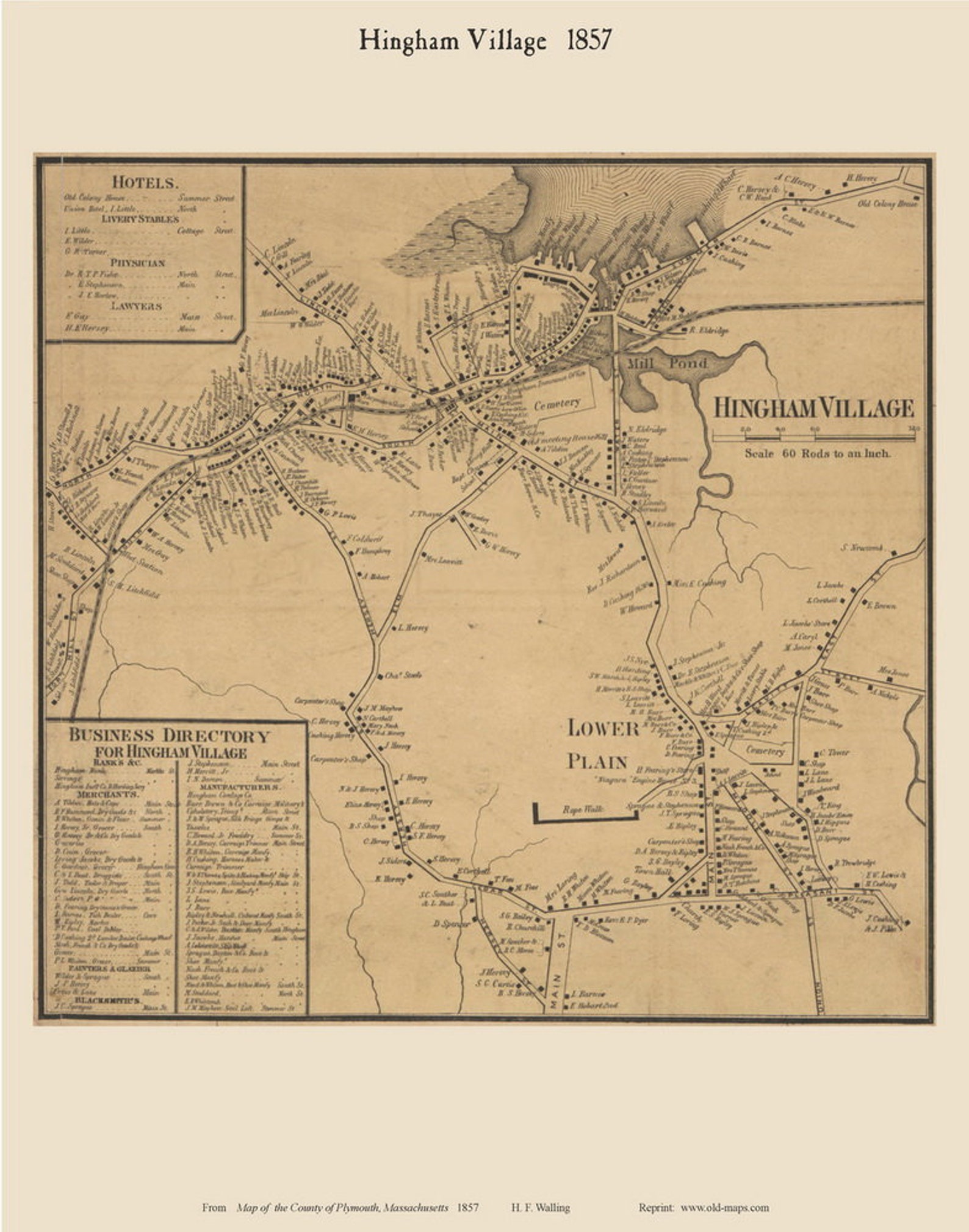 Hingham Village 1857 Old Town Map With Homeowner Names Massachusetts ...