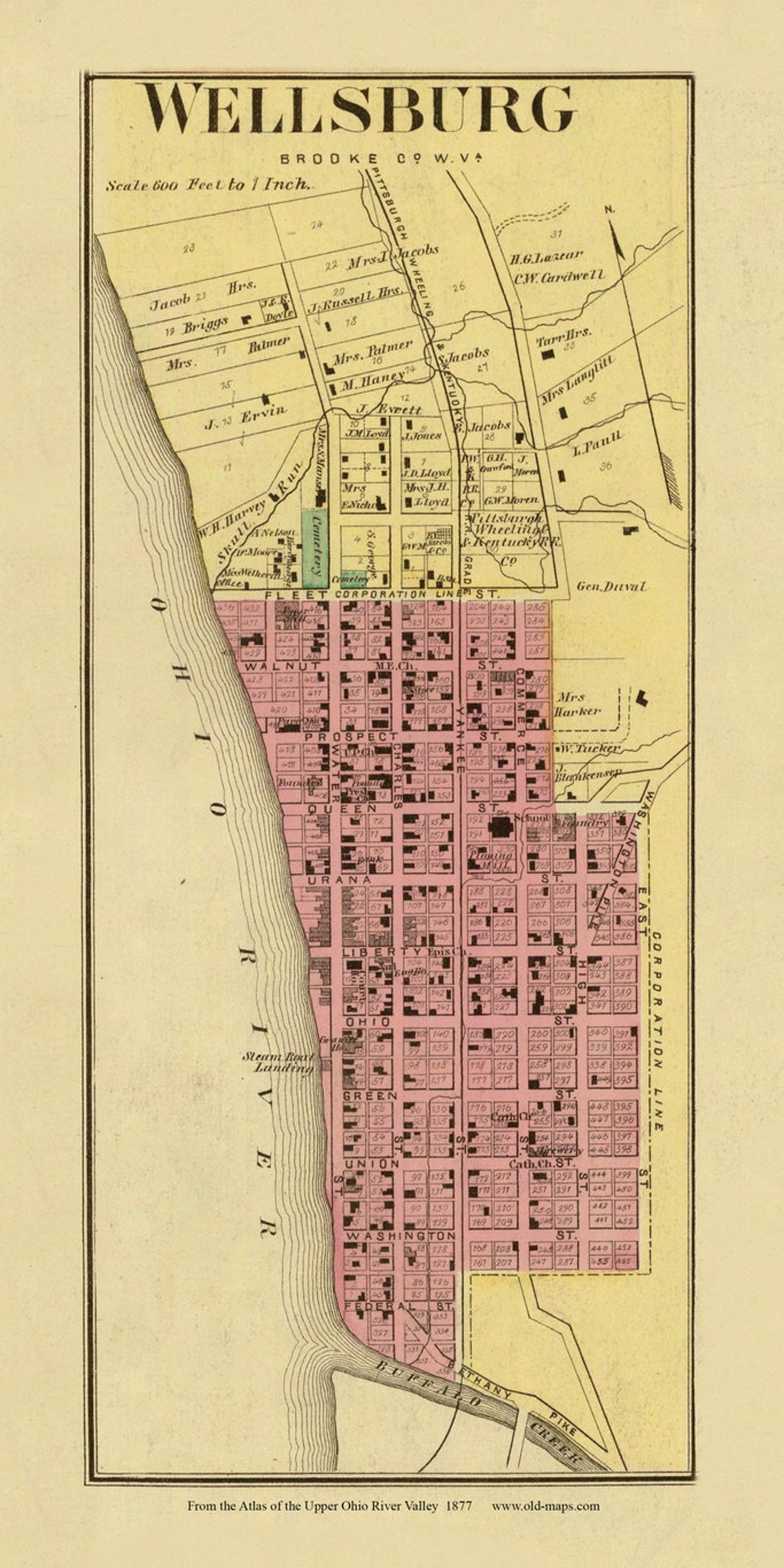 Wellsburg 1877 Old Town Map Brooke County West Virginia Ohio - Etsy