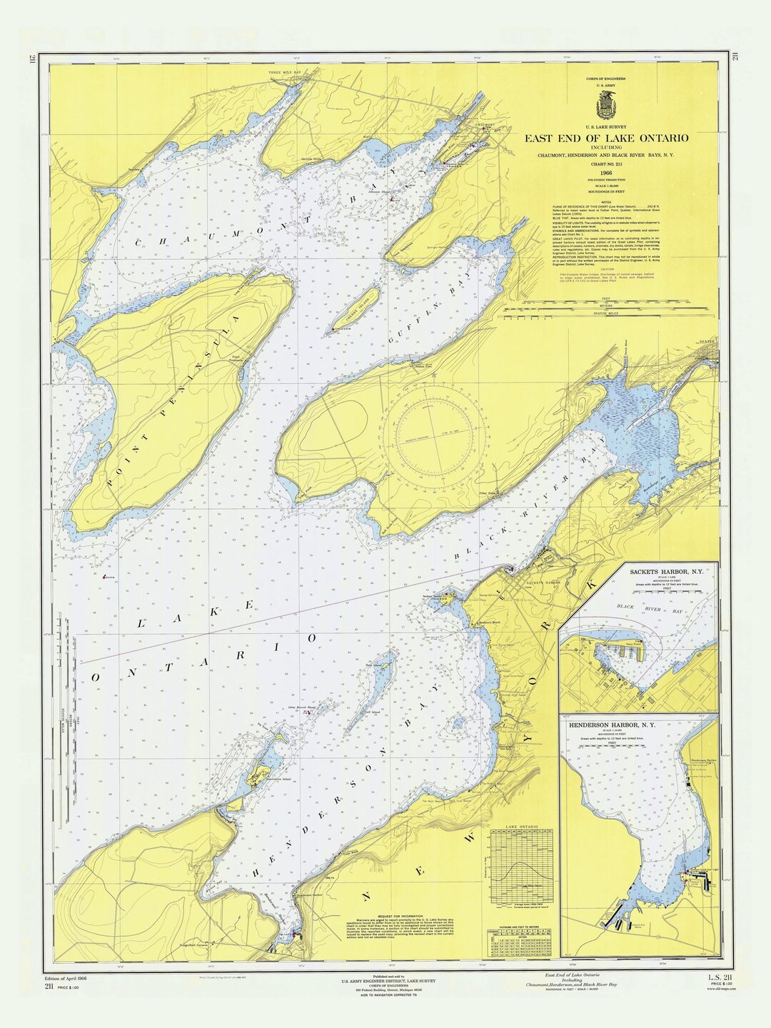 Lake Ontario - East End 1966a Nautical Map - Chaumont, Henderson, Black ...