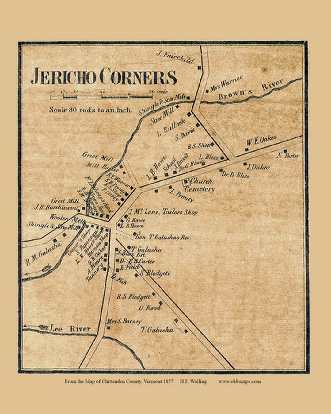 Jericho Corners 1857 Old Town Map With Homeowner Names Vermont ...