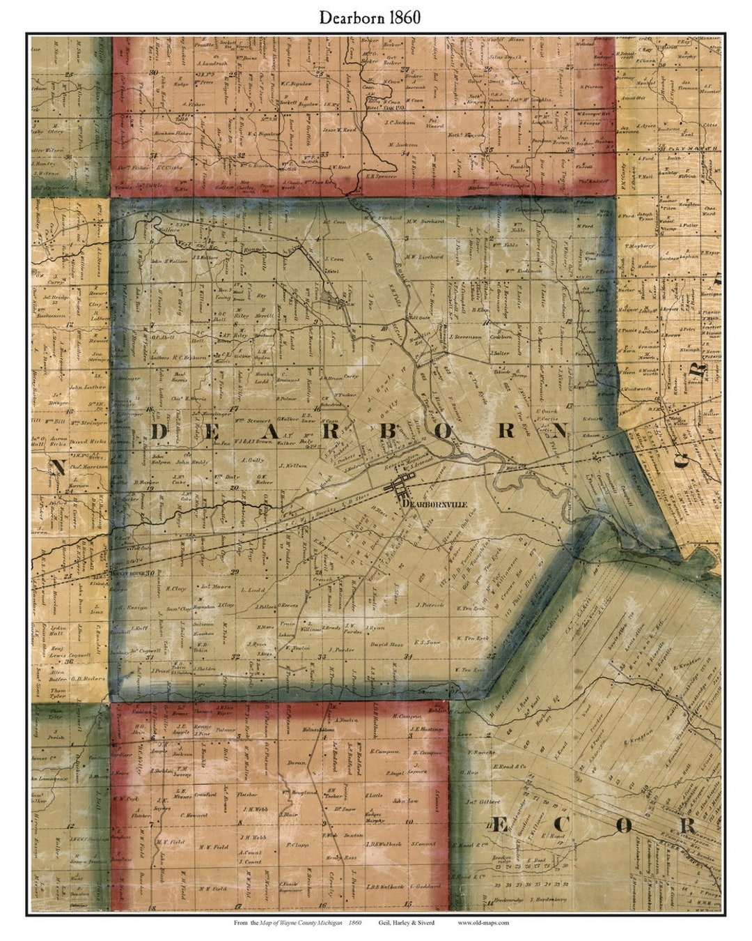 Dearborn 1860 Old Town Map With Homeowner Names - Dearbornville ...