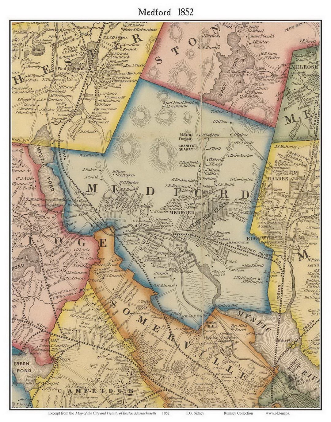Medford 1852 Old Town Map With Homeowner Names Massachusetts - Reprint ...