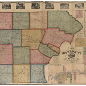 Monroe County Michigan 1859 - Old Wall Map Reprint With Homeowner Names ...