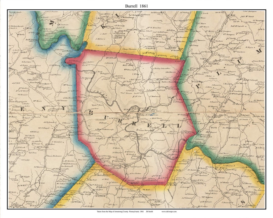 Burrell 1861 Old Town Map With Homeowner Names Crooked Creek ...