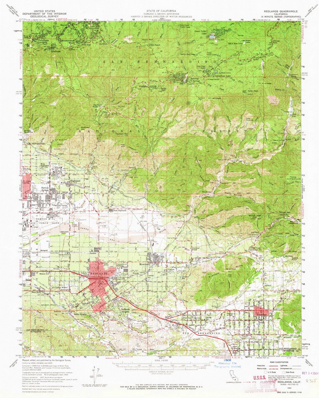 Redlands 1954 Old Topo Map - San Bernadino National Forest - Quad ...